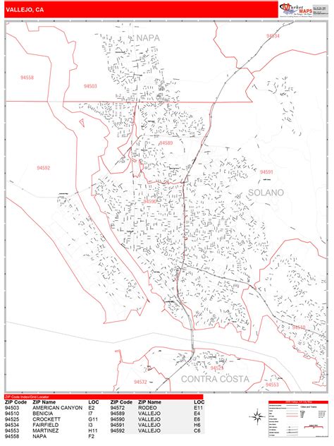 Vallejo California Zip Code Wall Map Red Line Style By Marketmaps
