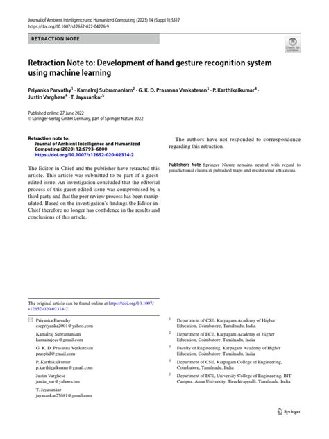 Retraction Note To Development Of Hand Gesture Recognition System Using Machine Learning Pdf