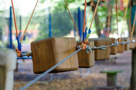 어드벤처 파크의 다리 로프 및 사다리는 키가 큰 나무 사이의 초보자를 위해 설계되었습니다 높은 로프 코스에서 모험 등반 건설 산업에 대한 스톡 사진 및 기타 이미지 Istock