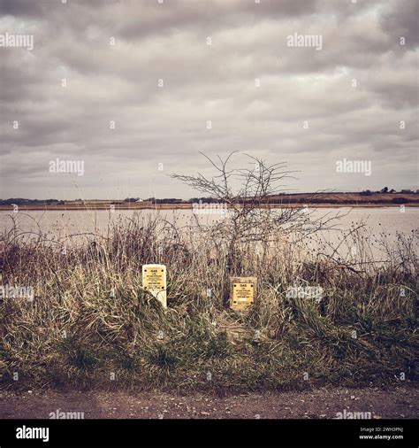 Gas Pipeline Markers Signs On The Banks Of The River Wyre At Fleetwood