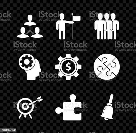 세트 프로젝트 팀 베이스 남자 들고 플래그 사용자 그룹 화살표 대상 퍼즐 조각 울리는 벨 내부 인간의 머리 기어 와 기어 달러 기호 아이콘 벡터 다트판에 대한 스톡 벡터