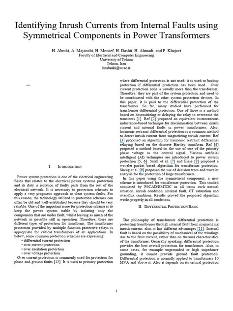 Identifying Inrush Currents From Internal Faults By Using Symmetrical Components Pdf