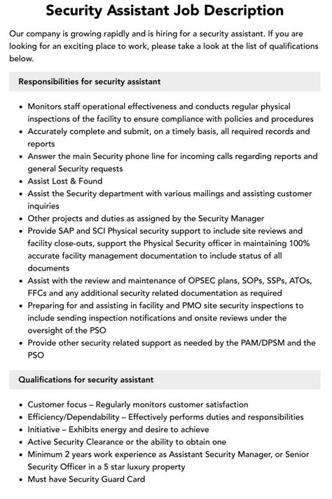 Security Assistant Job Description Velvet Jobs Security Assistant Job Description Velvet Jobs