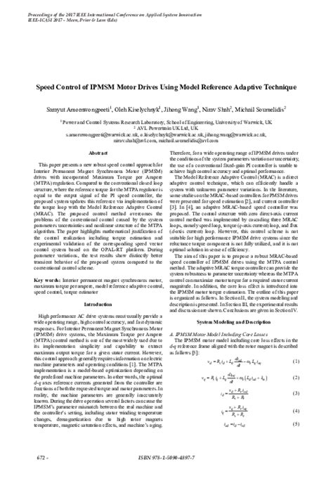 Pdf Speed Control Of Ipmsm Motor Drives Using Model Reference Adaptive Technique