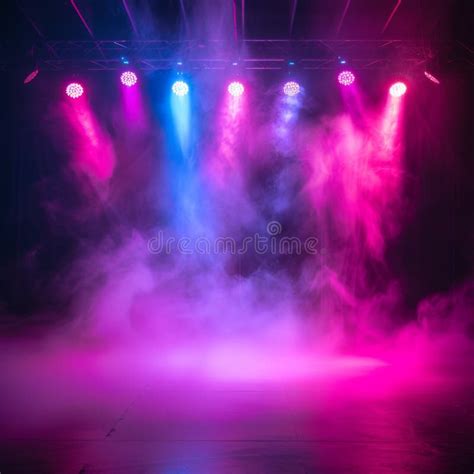 Empty Dark Stage Neon Spotlights Smoke Texture Background Fog Stage Interior Showroom Stock