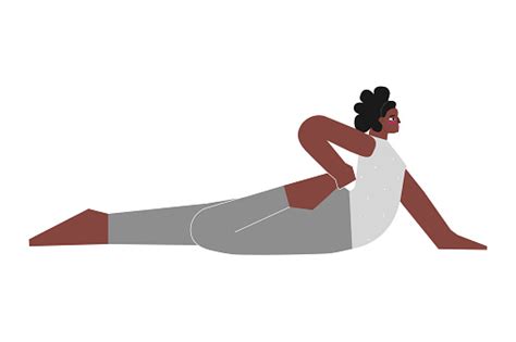 평평한 아프리카 계 미국인 여성 캐릭터가있는 벡터 격리 된 그림 스포티한 바디 양성 여성은 백벤드로 자세를 배웁니다 요가