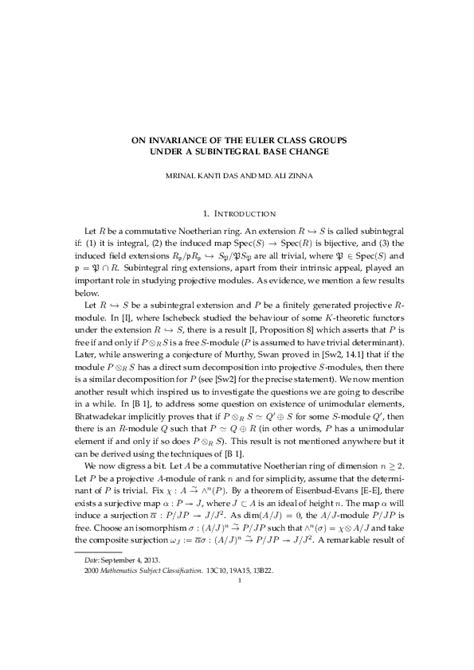 Pdf On Invariance Of The Euler Class Groups Under A Subintegral Base