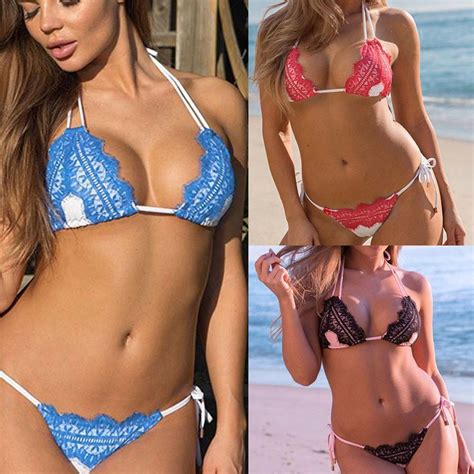 Sexy Womens Bandage Lace Bikini Set Push Up Padded Bra Swimsuit Bathing