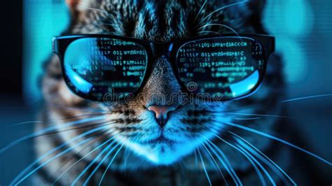 Cat Hacker Works In Dark Room Computer Code Reflected In His Glasses Concept Of Spy