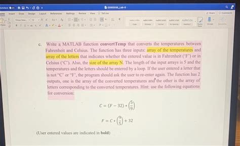 Solved C Write A Matlab Function Converttemp That Converts