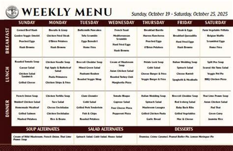 Weekly Elegant Assisted Living Meal Schedule Meal Schedule Assisted