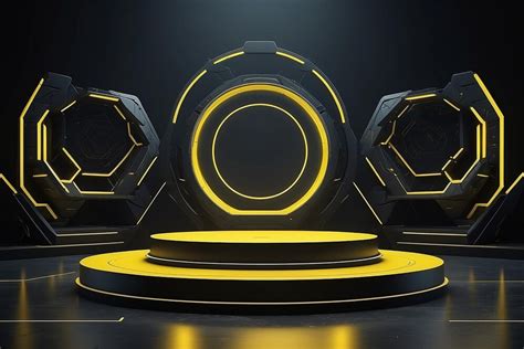 Futuristic Podium And Background Concept Hexoganal Stage Platform With Yellow Rings Generative