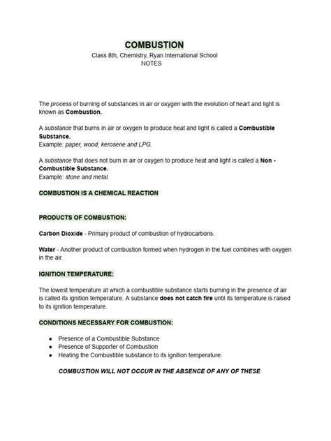 Combustion Class 8th Notes Pdf