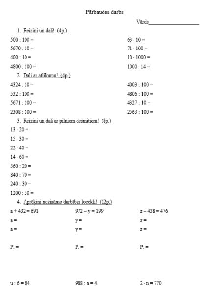 Pārbaudes Darbs Matemātikā 4klasei Mācību Materiāli