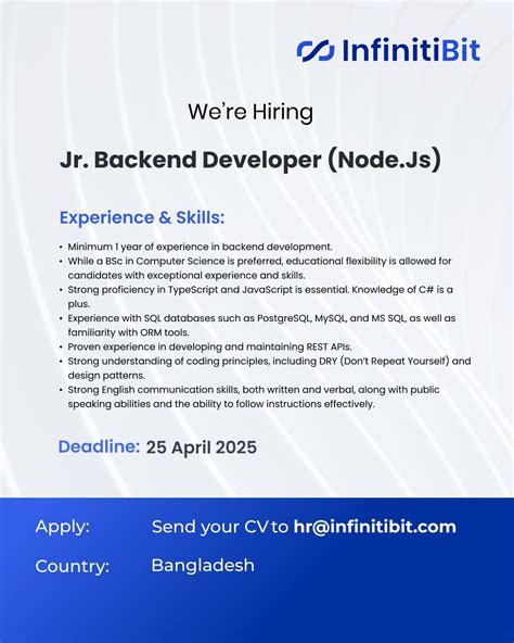 💡looking For Jr Backend Developer Nodejs Location Dhaka Bangladesh Infinitibit