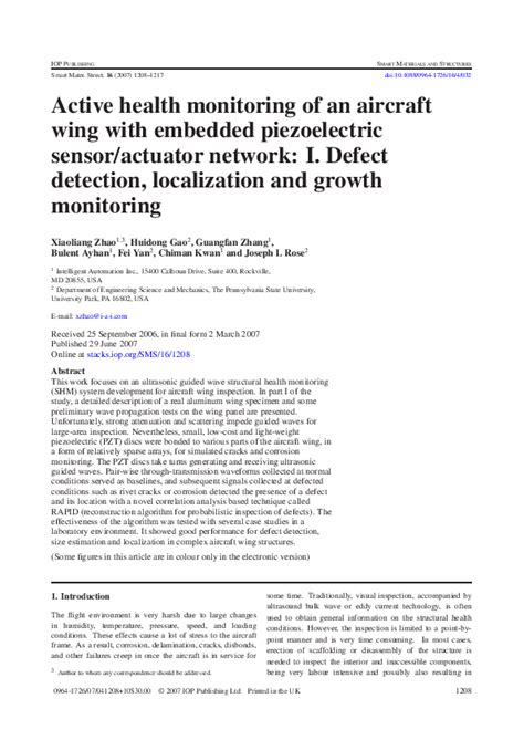 Pdf Active Health Monitoring Of An Aircraft Wing With Embedded Piezoelectric Sensor Actuator