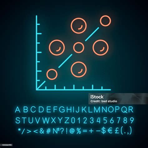 분산형 네온 라이트 아이콘입니다 스캐터그램 수학 다이어그램 좌표면의 차트입니다 통계 데이터 시각화 알파벳 숫자 및 기호와 빛나는 기호 벡터 절연 그림 0명에 대한 스톡 벡터
