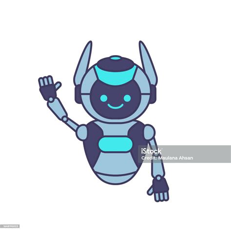 로봇 캐릭터는 안녕하세요 벡터 일러스트레이션이라고 말합니다 귀여운 로봇 만화 Brand Name Online Messaging Platform에 대한 스톡 벡터 아트 및