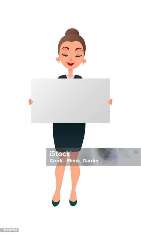 여자 매니저 또는 교사 흰색 배경에 화이트 보드를 들고 실업 가로 포스터를 보유 하고있다 강사 Copyspace와 빈 간판을 보여주는 개념에 대한 스톡 벡터 아트 및 기타