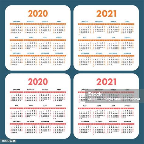 달력 세트 2020 과 2021 정사각형 벡터 캘린더 디자인 템플릿입니다 영어 색상 컬렉션입니다 주일요일에 시작됩니다 연말연시 0명에 대한 스톡 벡터 아트 및 기타 이미지