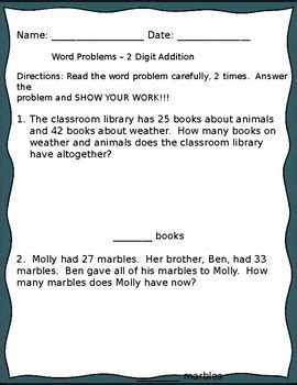 2 Digit Addition Word Problems By Teachin In Ma Tpt