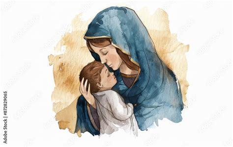 Ilustracion En Color De La Virgen Maria Con El Niño Jesús En Brazos