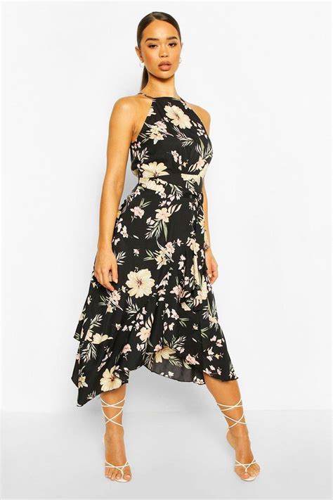Womens High Neck Ruffle Floral Midi Dress Black 4 Floral Midi