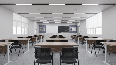 Modern Classroom Interior Design With Desks And Chairs Stock
