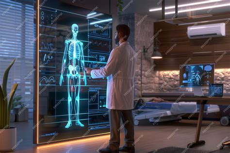Premium Photo | Futuristic medical office with a doctor analyzing a 3D holographic display of ...