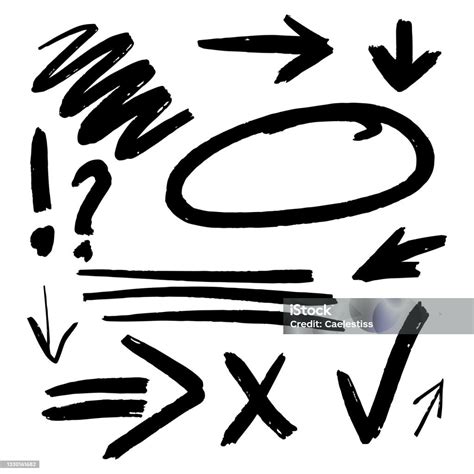 화살표 선 십자가 및 V 체크 마크 느낌표 물음표 수평 선 컬 원 손으로 그린 그런지 검은 잉크 마커 낙서 표지판의 세트 흰색으로 격리된 벡터 디자인 요소입니다 그런지