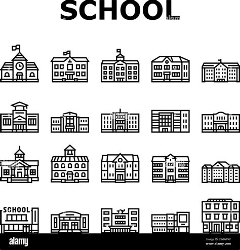 Building School Exterior Modern Icons Set Vector Stock Vector Image