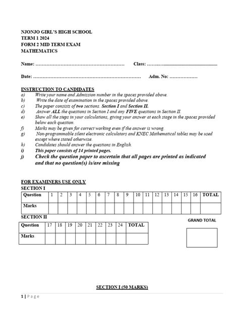 Form 2 Mid Term 1 Exam Download Free Pdf Mathematics