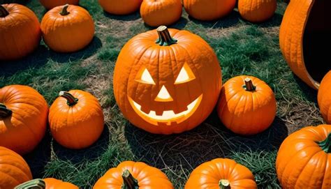 A Pumpkin With A Face Carved Into It Sits On A Patch Of Grass Premium Ai Generated Image