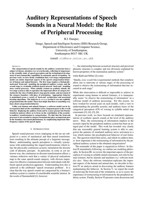 Pdf Auditory Representations Of Speech Sounds In A Neural Model The Role Of Peripheral Processing