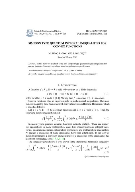 Pdf Simpson Type Quantum Integral Inequalities For Convex Functions