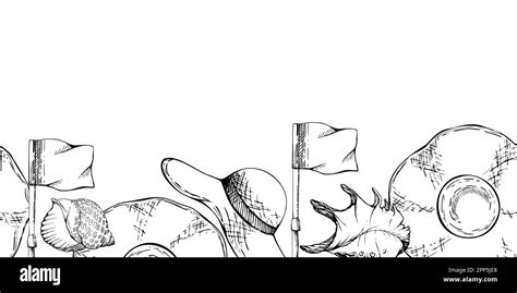 Hand Drawn Vector Ink Beach Accessories Hat Flag Shell Seamless