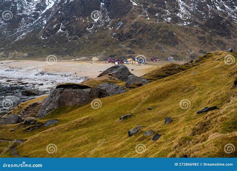 Stony Meadow Snowy Hillside Colorful Cottage On Beach Uttakleiv
