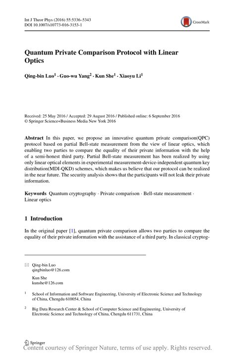 Quantum Private Comparison Protocol With Linear Optics Request Pdf