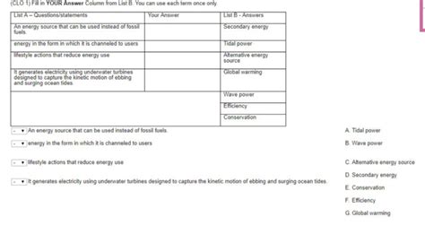 Solved CLO Fil In YOUR Answer Column From List B You Can Chegg Com