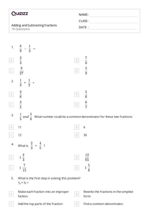 50 Subtracting Fractions Worksheets For 1st Class On Quizizz Free And Printable