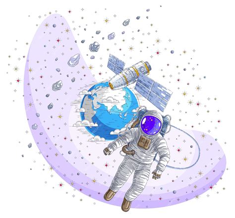 우주 정거장과 배경의 지구 행성에 연결된 열린 공간에서 비행하는 우주 비행사 무중력 상태로 떠 있는 우주복을 입은 우주인 우주선 별 및 기타 요소 고립 된 벡터