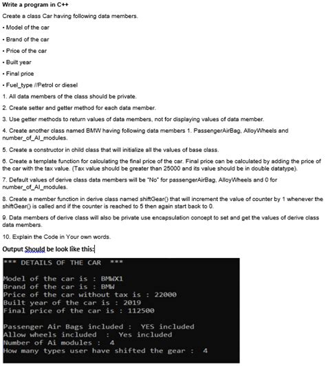 solved write a program in c create a class car having