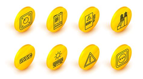 라인 전기 콘센트 삼각형의 느낌표 태양 에너지 패널 및 태양 연장 코드 원자력 발전소 자동차 배터리 및 전등 스위치 아이콘을