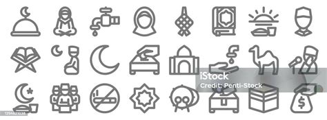 라마단 라인 아이콘 선형 집합입니다 자카트 자선 루름 엘 히즈브 금식 낙타 이슬람 남자 아바타 케투파트 독서와 같은 품질 벡터 라인 세트 낙타에 대한 스톡 벡터 아트 및