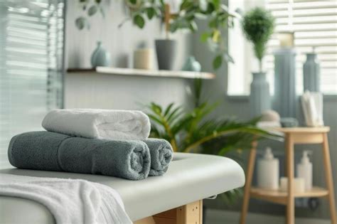 A Minimalist Modern Spa Interior Massage Table Set With Fluffy Towels