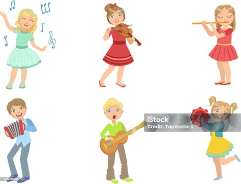 음악을 연주하는 아이들과 노래 세트 악기와 소년과 소녀 바이올린 플루트 아코디언을 연주 하는 아이 기타 탬버린 벡터 일러스트 Classical Concert에 대한 스톡