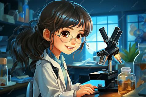 Premium Ai Image A Girl In A Lab Coat With Glasses And A Lab Coat With A Microscope