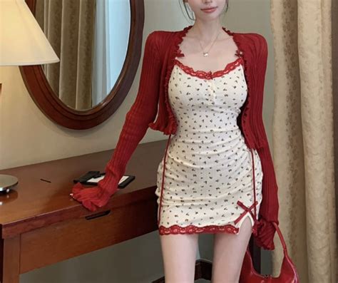 레드 투피스 셋업 리본 레이스 니트 끈 나시 미니 원피스 레드 가디건 셋업 투피스 세트 글램 원피스 섹시 원피스 섹시 투피스 끈 나시 미니 원피스 프릴 가디건 핏 원피스