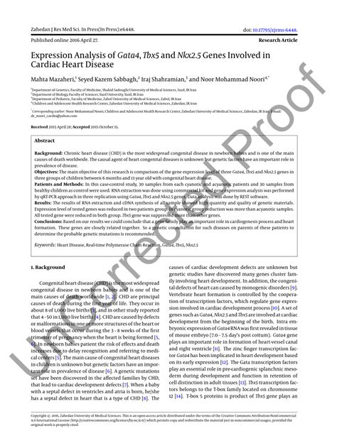 Pdf Expression Analysis Of Gata4 Tbx5 And Nkx2 5 Genes Involved In