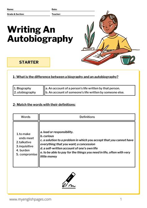 Writing An Autobiography Worksheet Pdf My English Pages